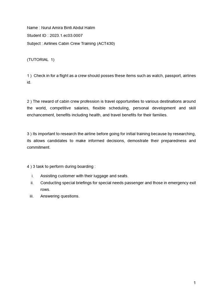 AMIRA TUTORIAL ACT430 (142) | PDF | Flight Attendant | Airlines