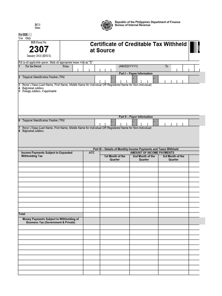 BIR Form 2307: Tax Withheld Certificate | PDF | Value Added Tax ...