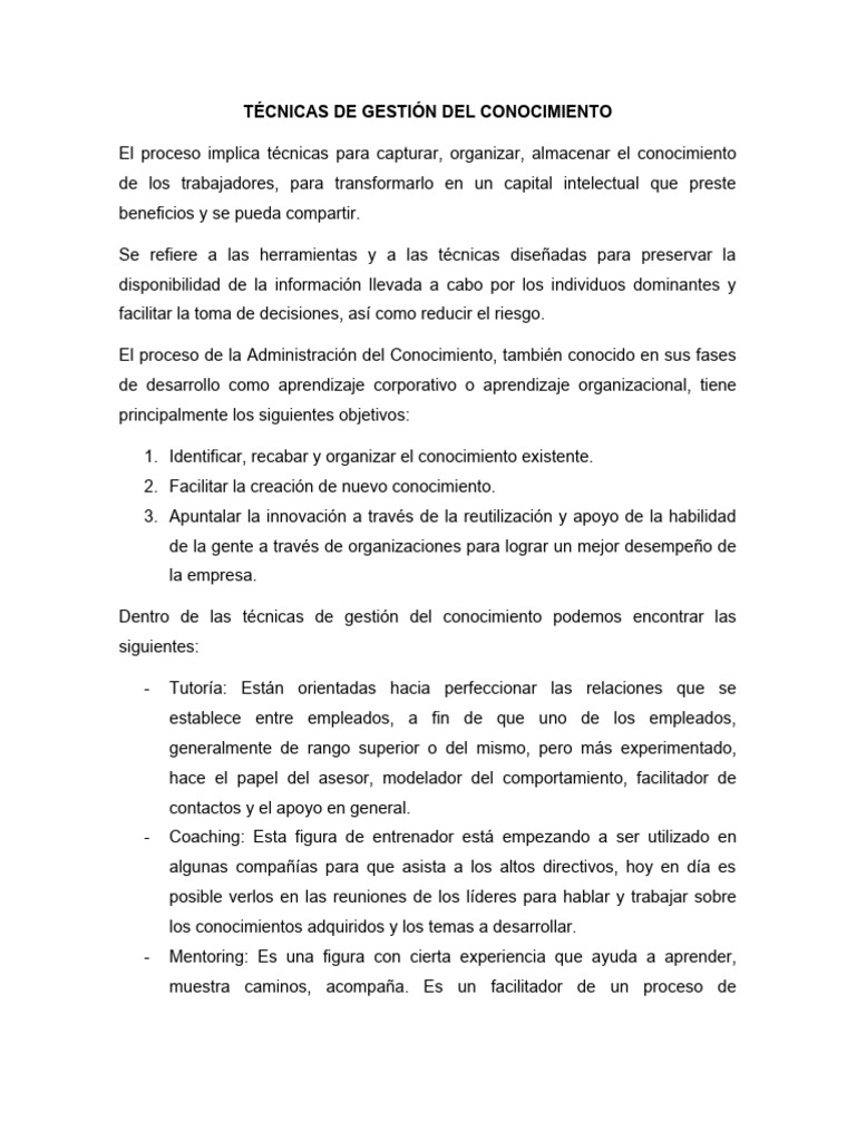 Técnicas de Gestión Del Conocimiento | PDF | Conocimiento administrativo | Conocimiento