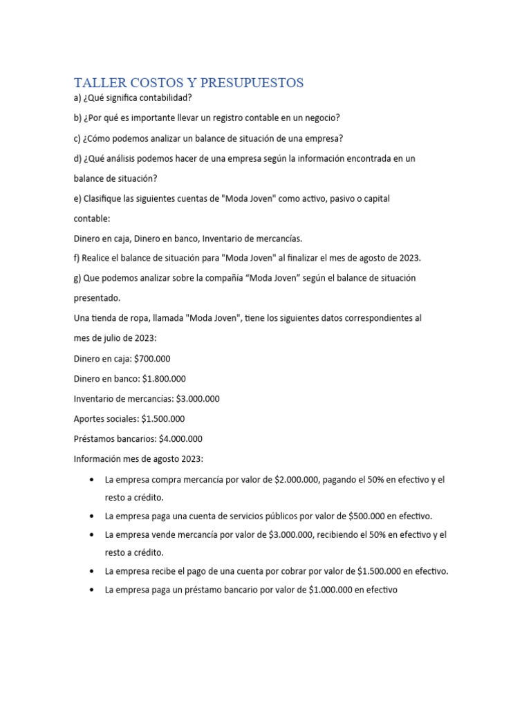 TALLER COSTOS 1 - Con Analisis | PDF | Hoja de balance | Contabilidad