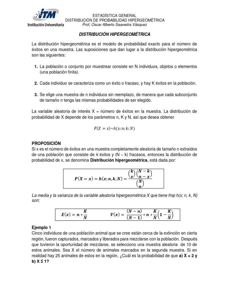Distribución Hipergeométrica: Ejercicios y Teoría | PDF | Muestreo ...