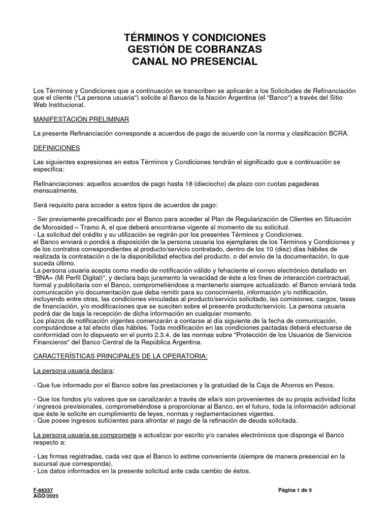 F-66337 Terminos y Condiciones Gestion de Cobranzas Canal No Presencial PDF | Descargar gratis ...