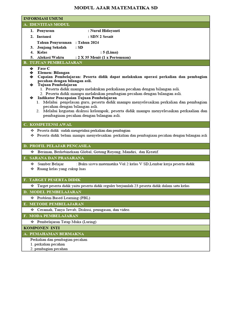 Modul Pembelajaran Perkalian Pecahan SD | PDF