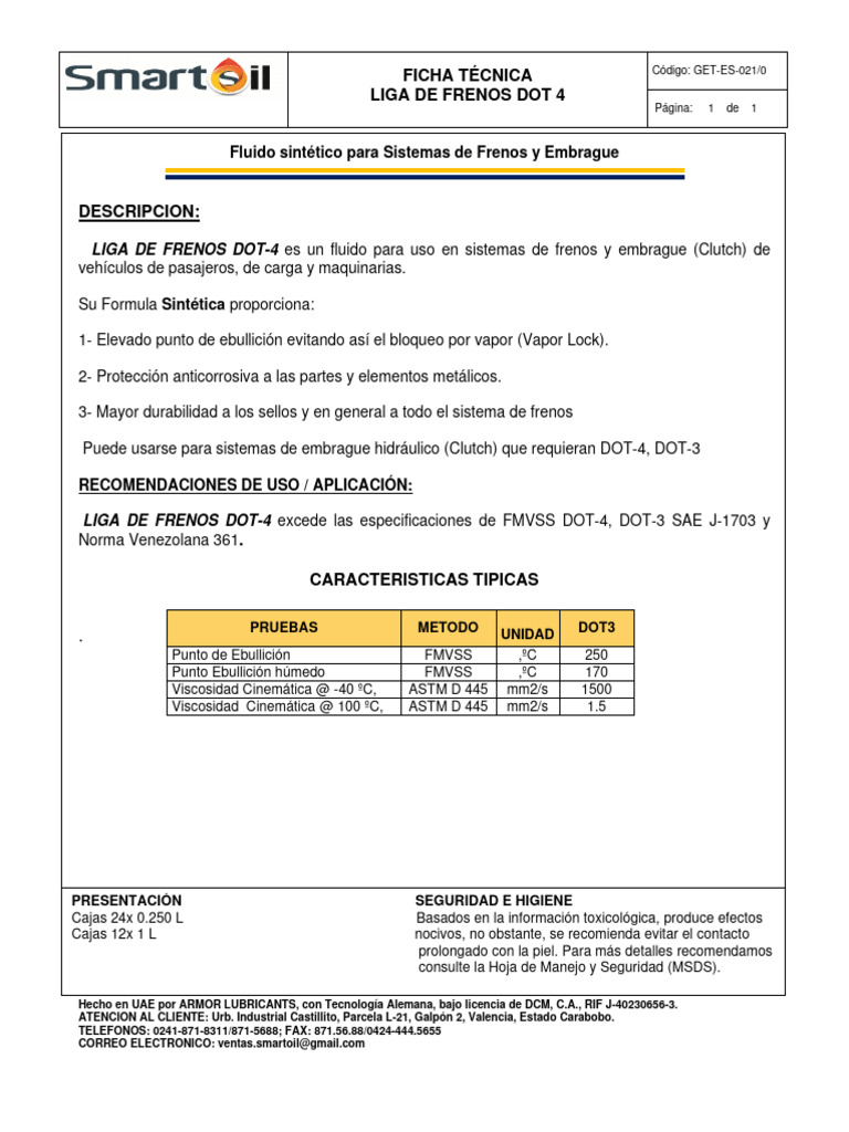 Ficha Tecnica PDS Liga de Frenos DOT 4 Smartoil Pagina Web 062020 | PDF | Ingeniería mecánica