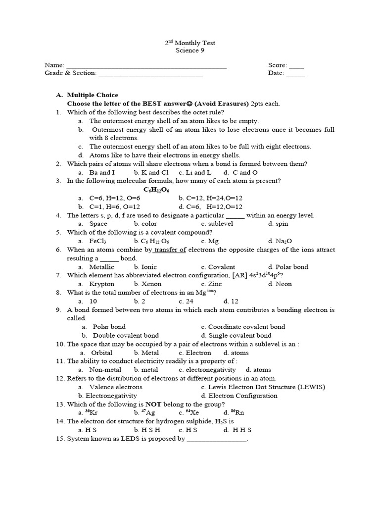 2nd Monthly Test in Science 9 | PDF | Chemical Bond | Covalent Bond