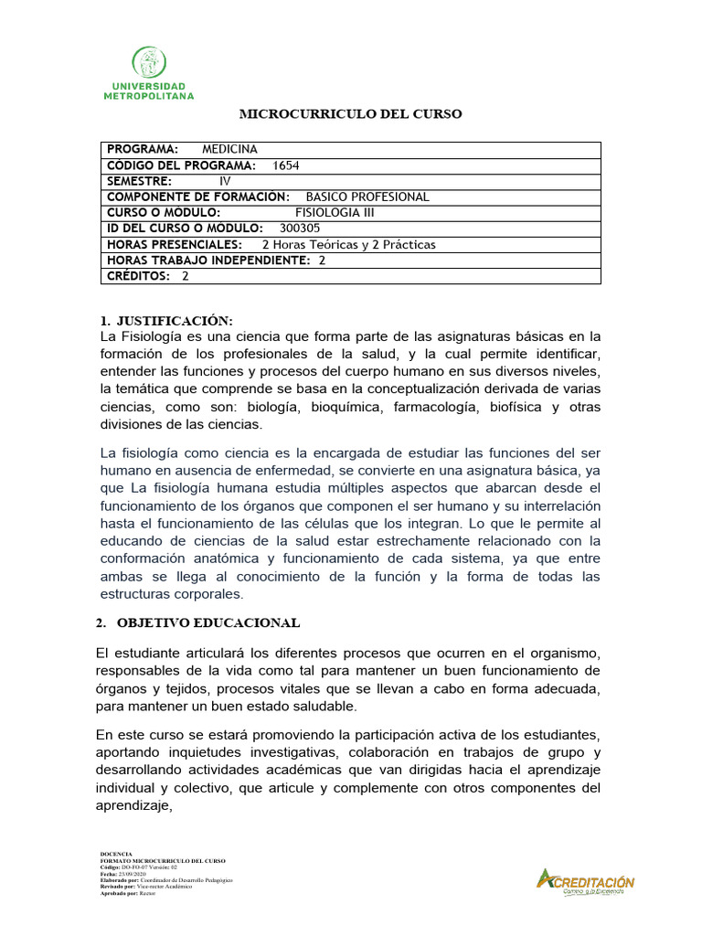 Microcurriculo Fisio Iii Medicina Iv 2 - 2023 (4776) | PDF | Riñón | Sistema respiratorio