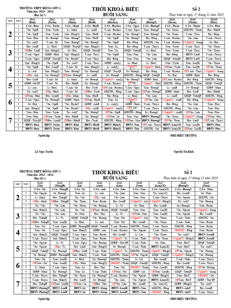 3.1 TKB HK1 Buoi Sang Toan Truong Ban 2 Chinh Thuc TH 27.11.2023 | PDF