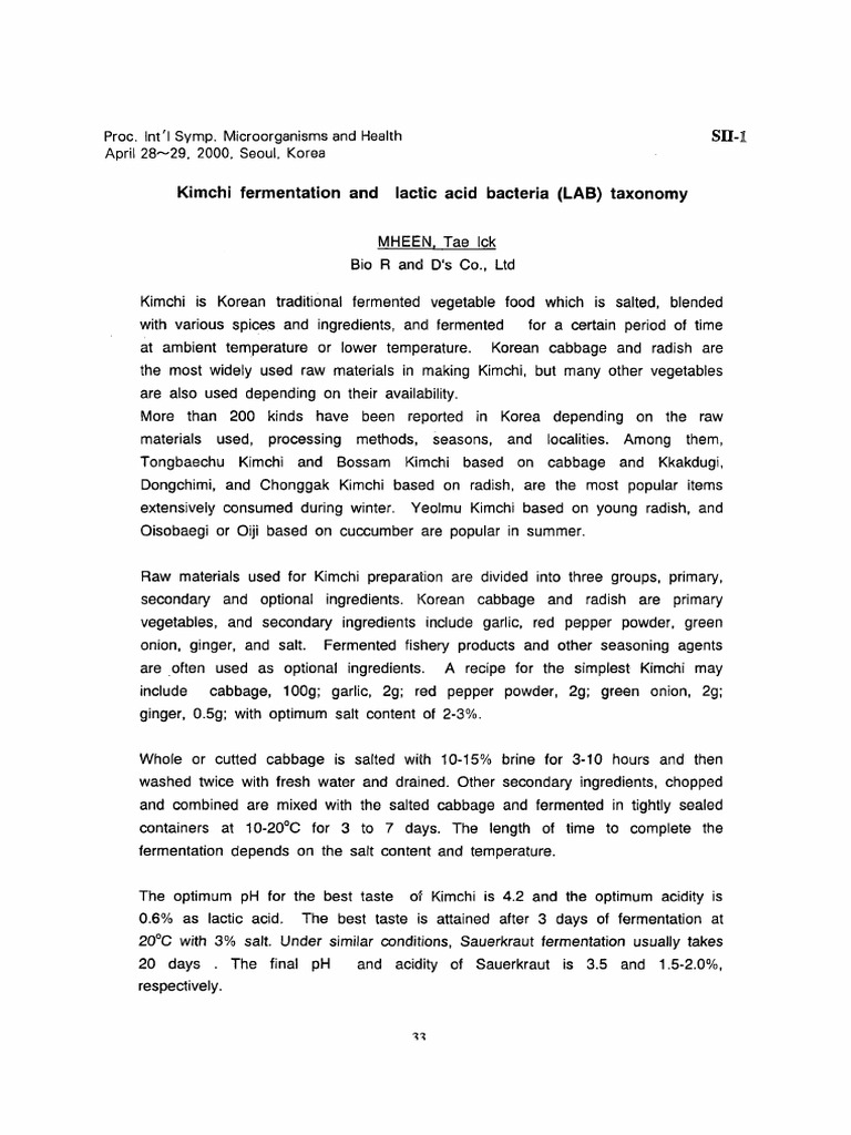 Kimchi Fermentation and Lactic Acid Bacteria (LAB) Taxonomy | PDF