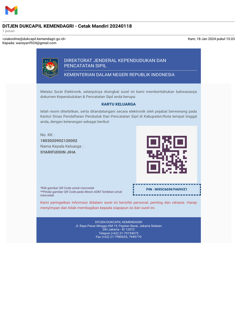 Gmail - DITJEN DUKCAPIL KEMENDAGRI - Cetak Mandiri 20240118 | PDF