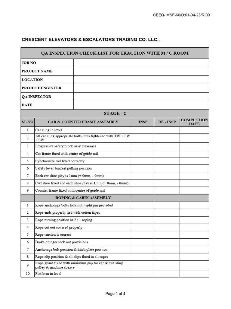 CEEQ-IMSF-60 QA & QC Stage - 2 Checklist For Traction With Machine Room ...