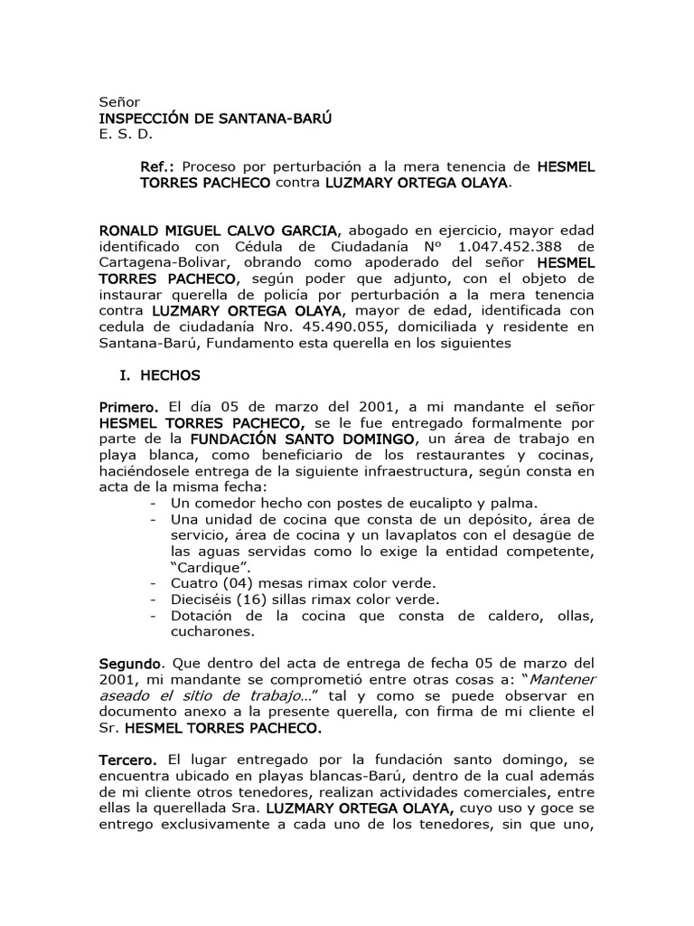 Querella Por Perturbacion A La Mera-Tenencia Hesmel Torres | PDF Querella Por Perturbacion A La Mera-Tenencia Hesmel Torres | PDF