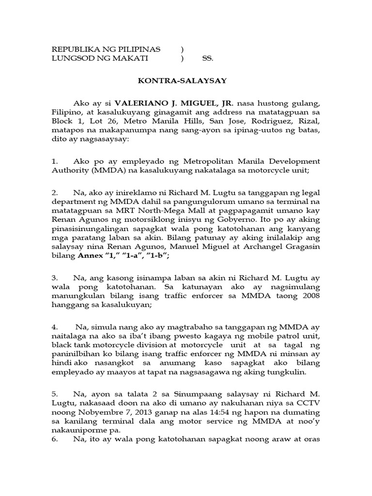 Kontra-Salaysay (Mmda) Miguel II | PDF