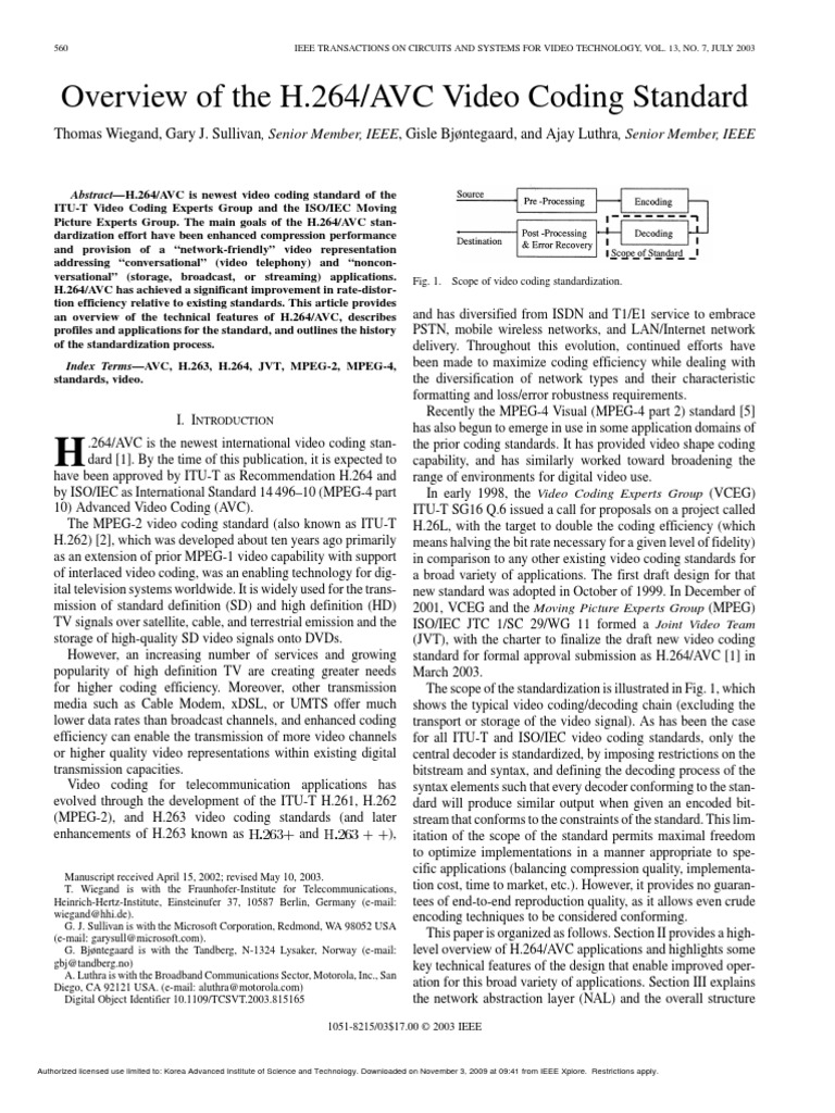 01 - Overview of The H.264AVC Video Coding Standard | PDF | H.264/Mpeg 4 Avc | Data Compression