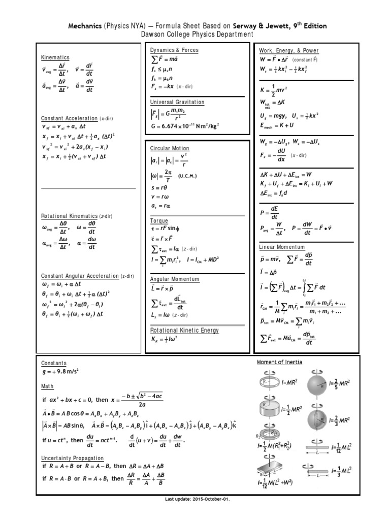 Formula Sheet Mechanics | PDF | Torque | Quantity
