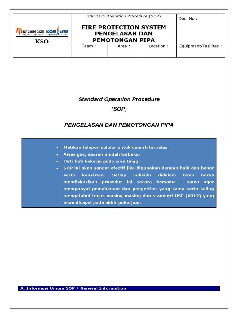 0.3 Standard Operation Procedure Pengelasan Dan Pemotongan Pipa | PDF