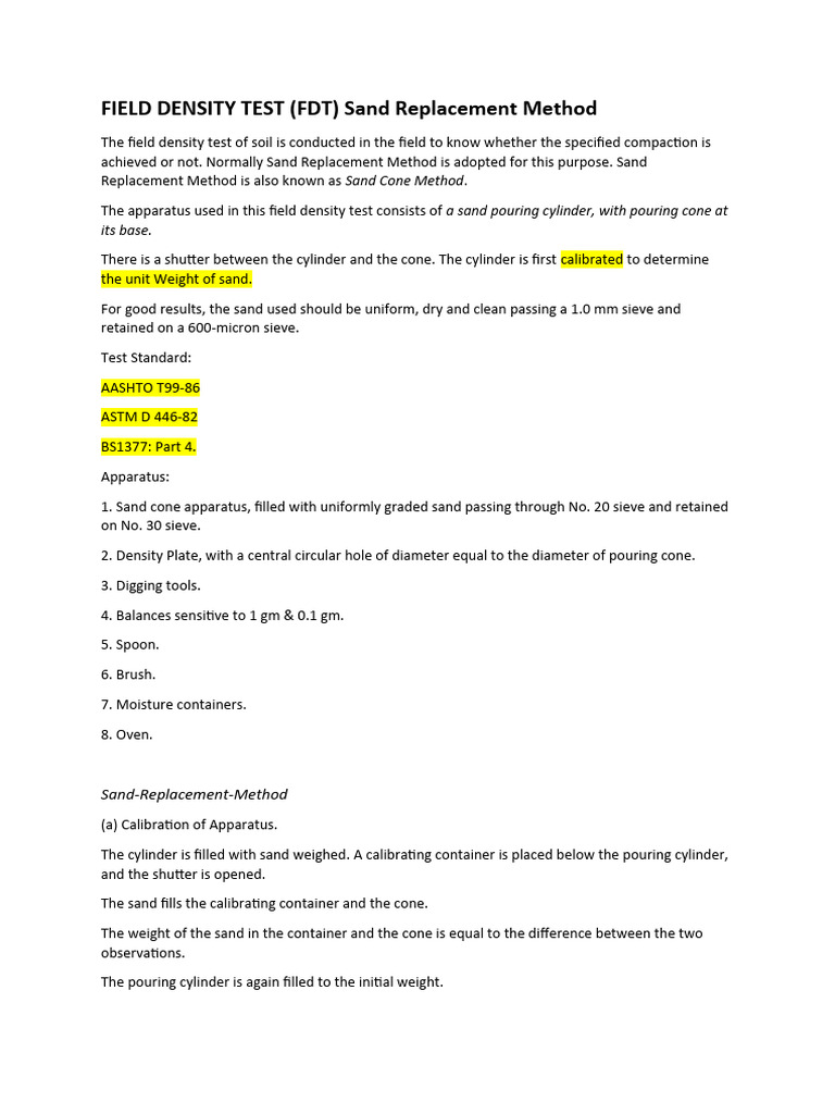 Field Density Test: Sand Replacement Method | PDF | Density | Earth ...