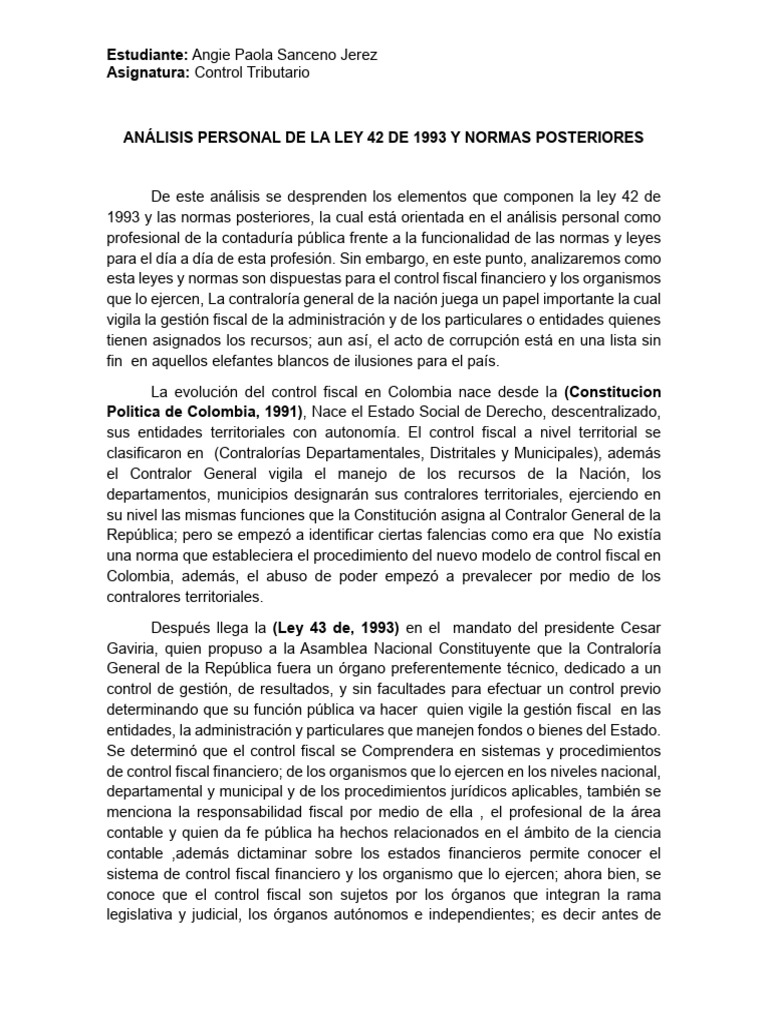 Análisis Personal de La Ley 42 de 1993 y Normas Posteriores Evolucion ...