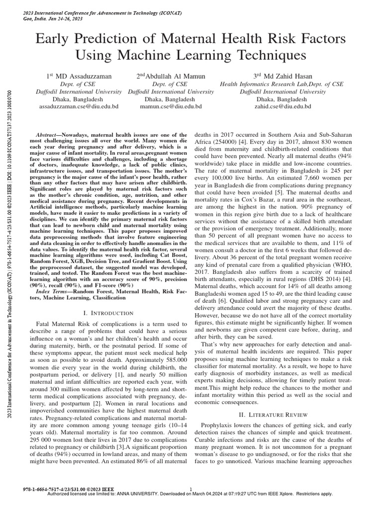 Early Prediction of Maternal Health Risk Factors Using Machine Learning Techniques | PDF ...