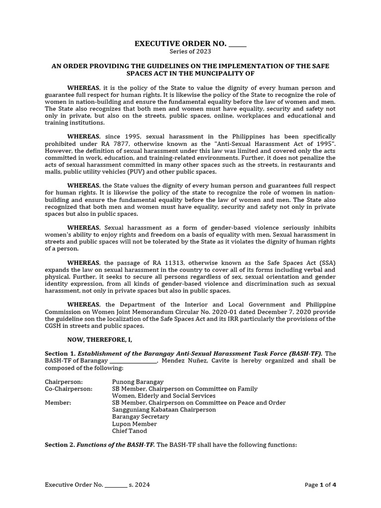 EO Safe Spaces Act SSA 2024 Draft | PDF | Sexual Harassment | Dignity