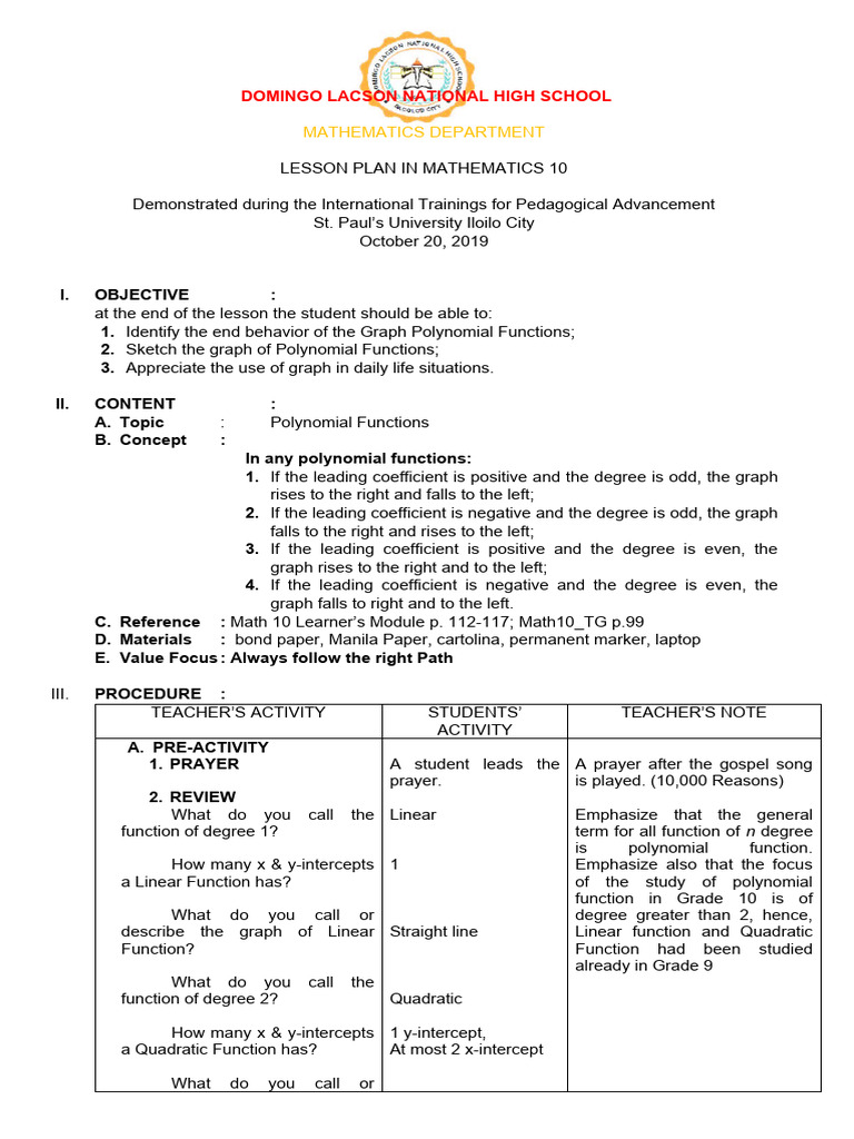 Polynomial Functions Lesson Plan | PDF | Polynomial | Zero Of A Function