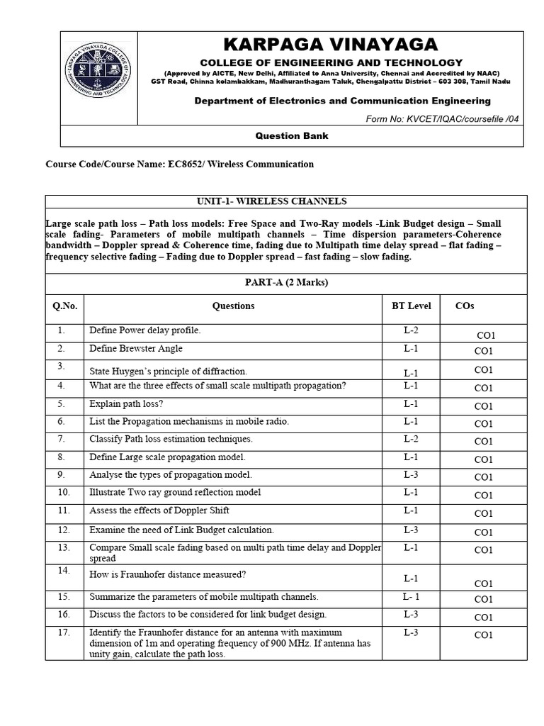 Wireless Communication Question Bank | PDF | Cellular Network | Channel ...