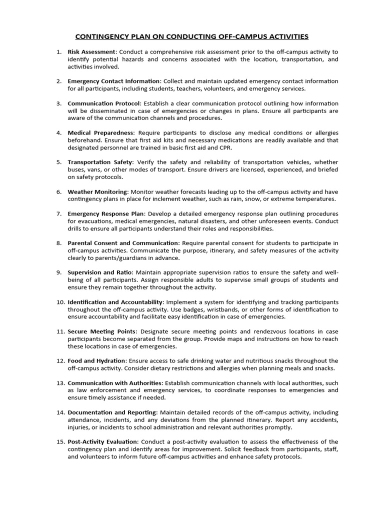 Off-Campus Activity Contingency Plan | PDF | Risk Assessment | Emergency