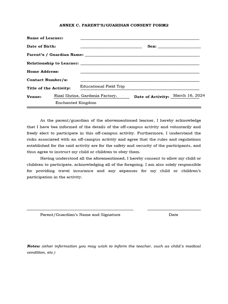ANNEX C. ParentsGuardian Consent Form | PDF | Wellness