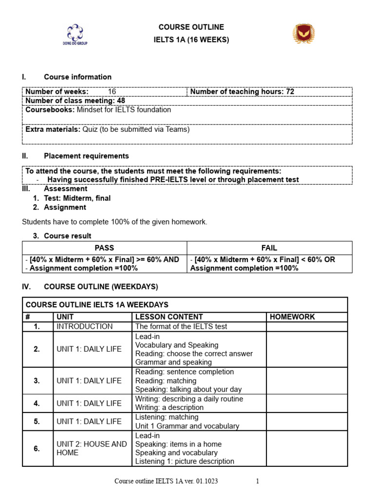 Course Outline Ielts 1a Weekdays | PDF | Educational Assessment And ...