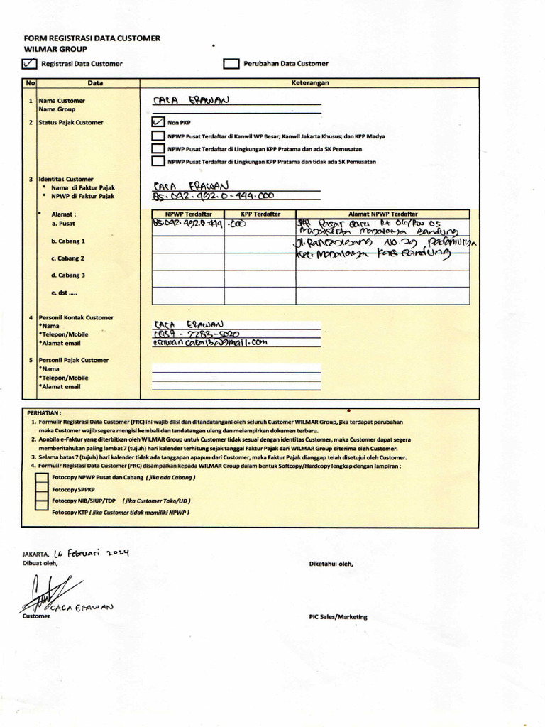 Form Registrasi Costumer Wilmar | PDF