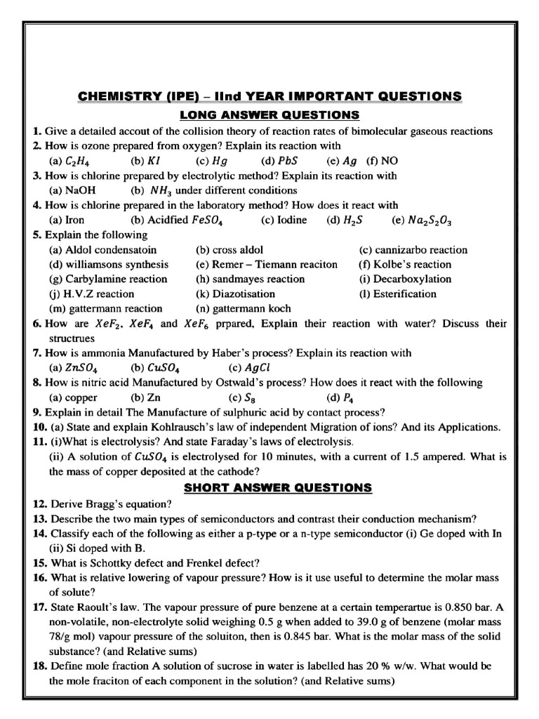 Important Chemistry Questions for II Year | PDF | Mole (Unit) | Chlorine