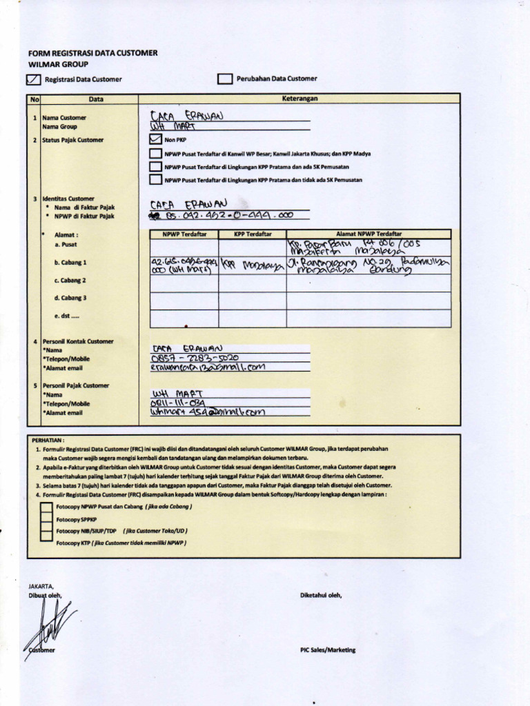 Form Register Data Customer (Non PKP) | PDF