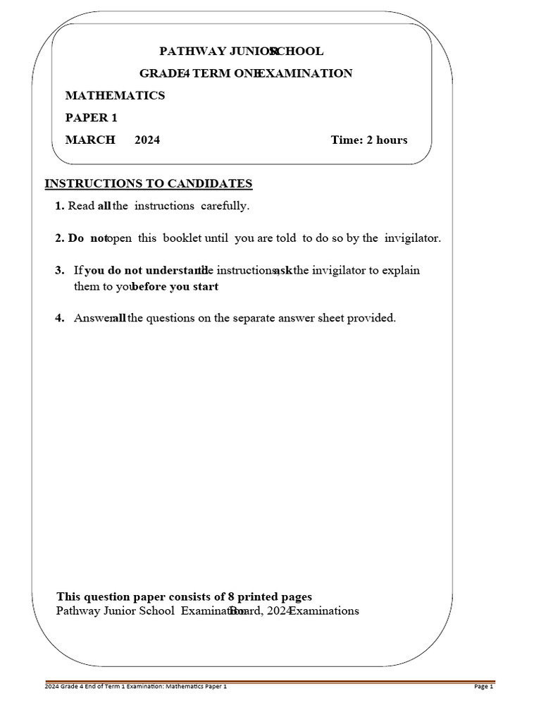 Grade 4 Term 1 Maths Exam Paper 2024 | PDF | Science | Mathematics