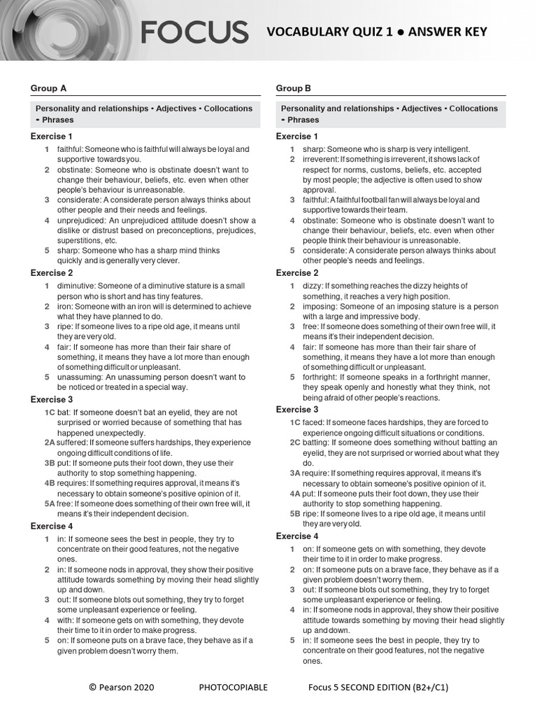 Focus5 2E Vocabulary Quiz Unit1 GroupA B ANSWERS | PDF | Behavioural ...