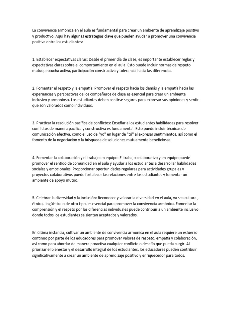 La Convivencia Armónica en El Aula Es Fundamental para Crear Un ... La Convivencia Armónica en El Aula Es Fundamental para Crear Un ...