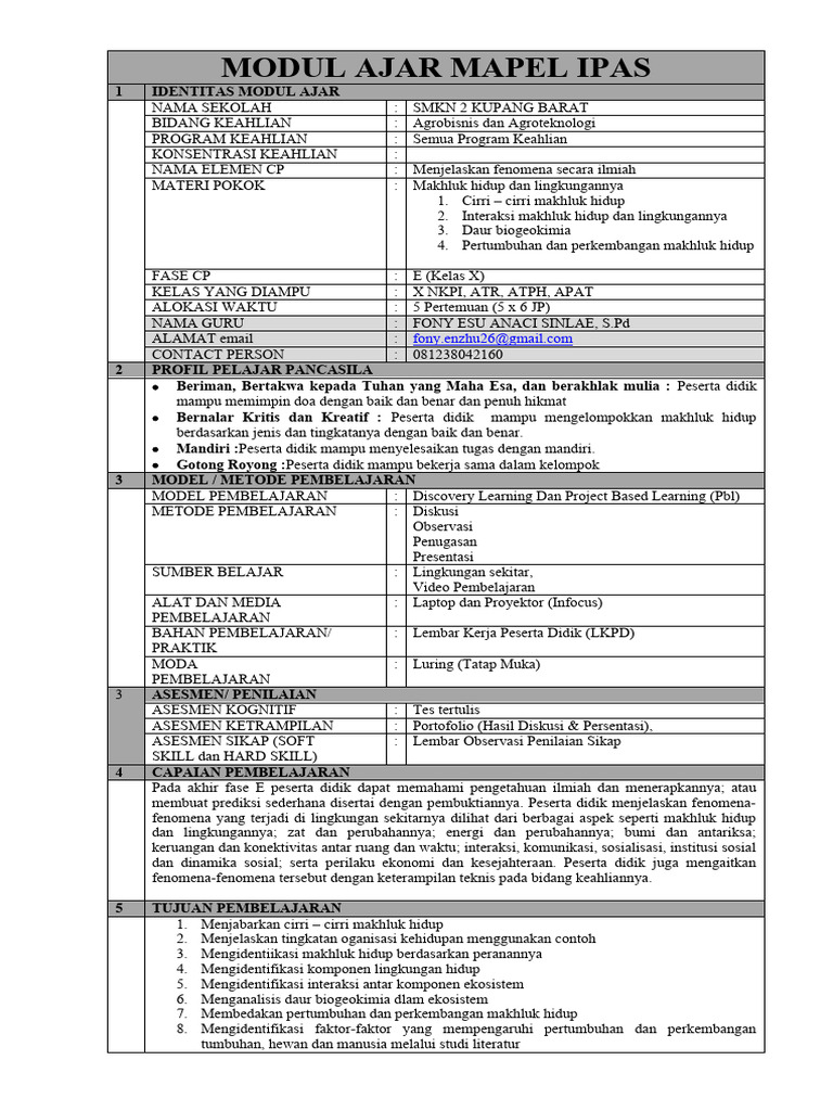 Perangkat 3 MODUL AJAR IPAS Fony Sinlae BAB 1 MAKHLUK HIDUP DAN LINGKUNGANNYA Edit New | PDF