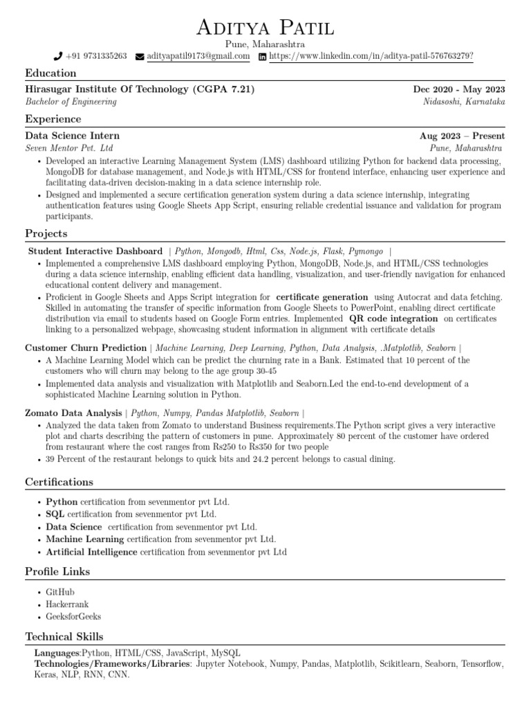 Aditya Patil: Education | PDF | Python (Programming Language) | Data Science