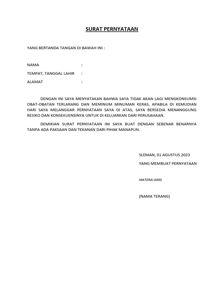 Surat Pernyataan Bebas Miras | PDF