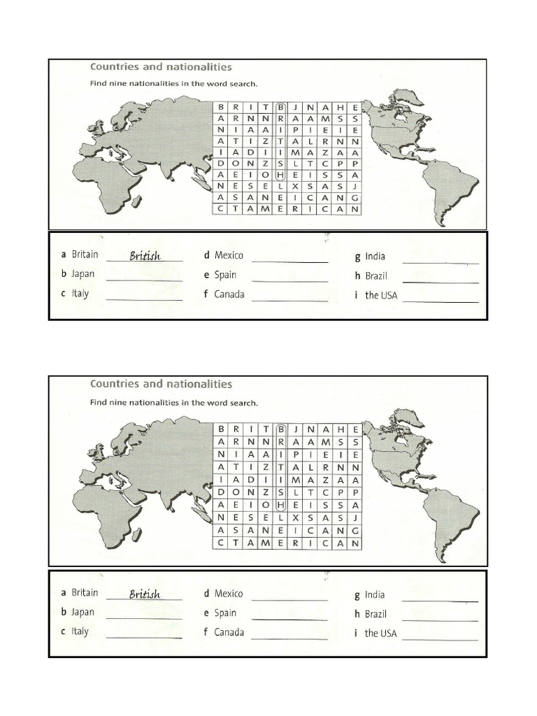Word Search Countries and Nationalities | PDF