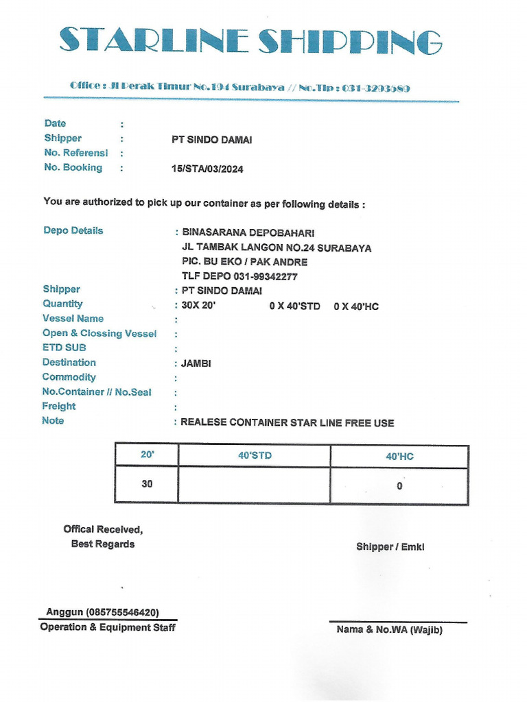 Do Sindo Damai 30x20 Star Shipping | PDF