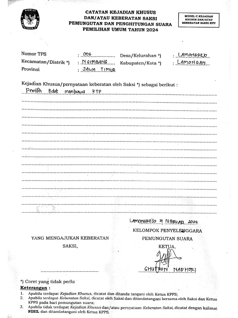 Catatan Kejadian Khusus TPS 006 | PDF