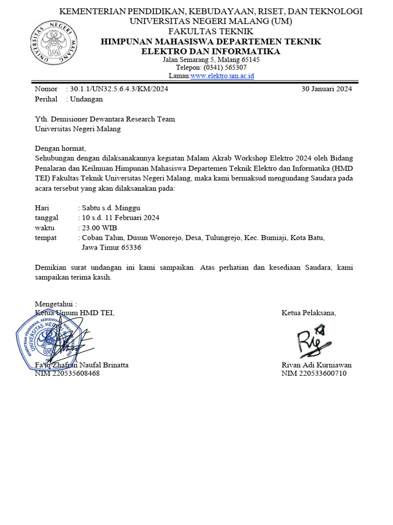 Surat Undangan Malam Akrab Demisioner DRT | PDF