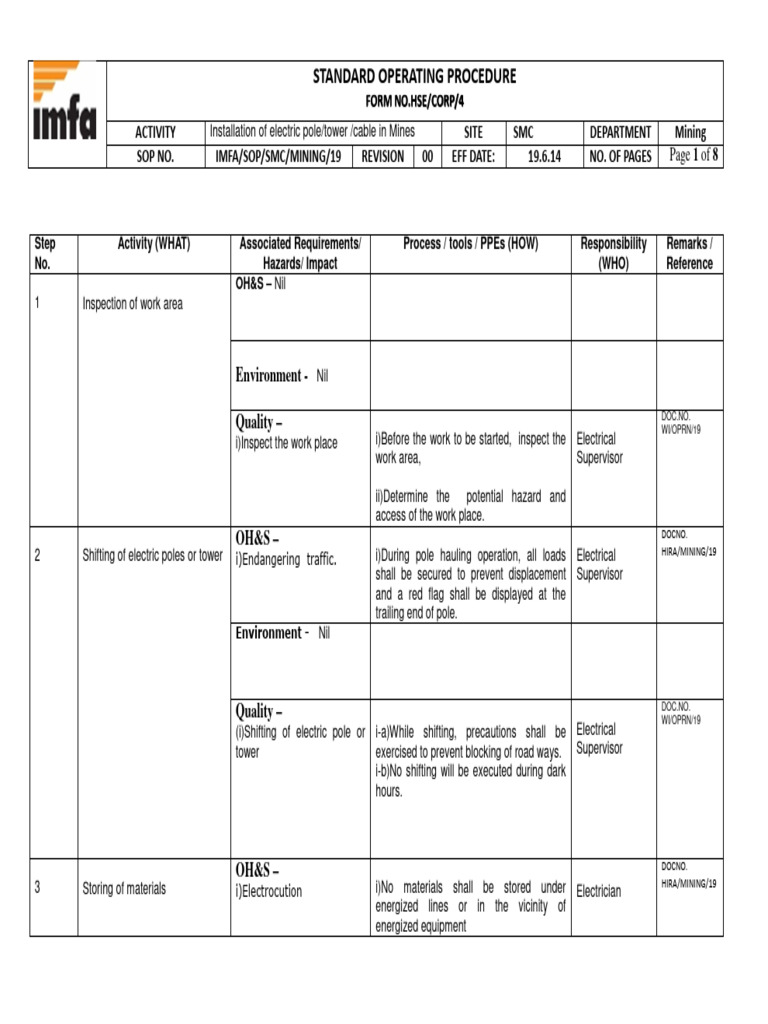 SOP - Installation of Electric Pole | PDF | Electrician | Personal ...