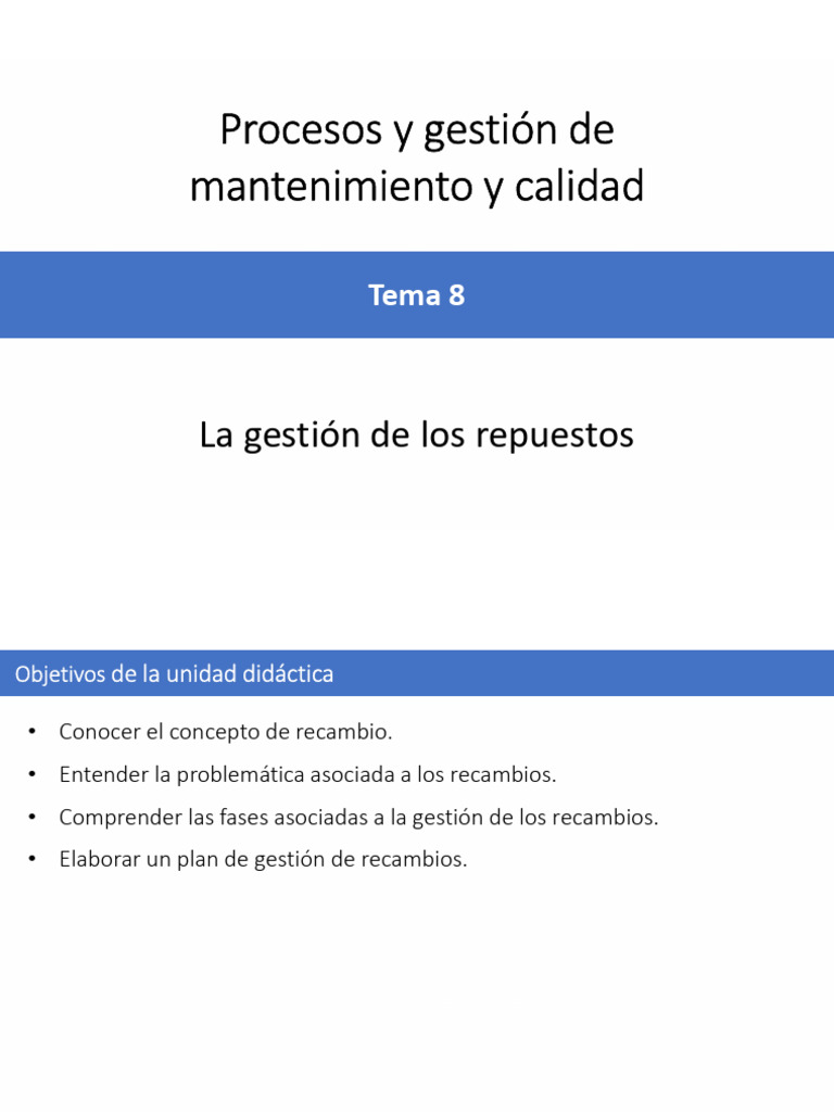 Tema 8 Gestion de repuestos | PDF | Obtención | Tornillo