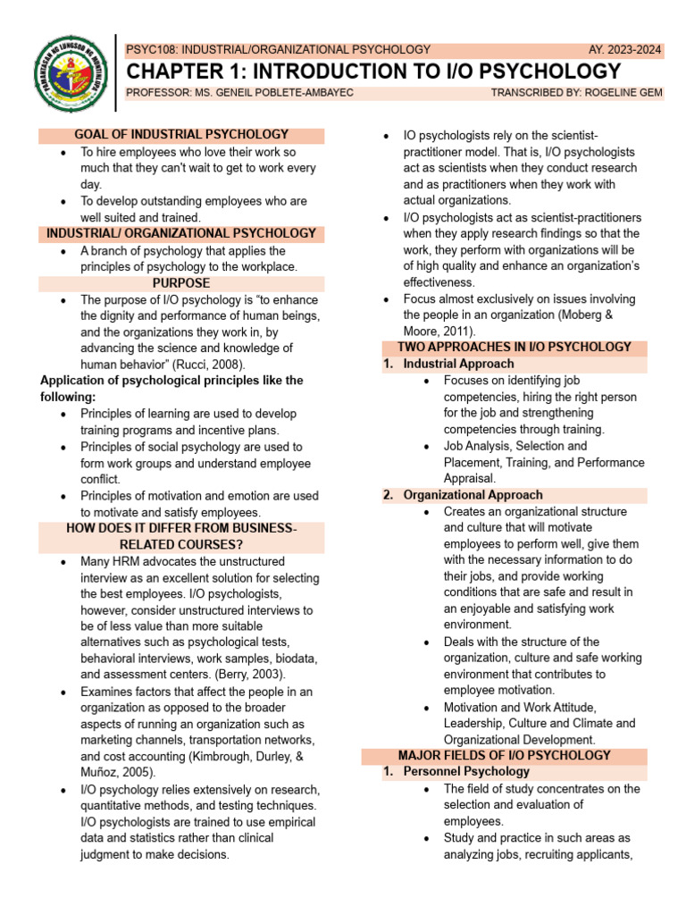 Chapter 1 - Introduction To Io Psychology | PDF | Industrial And Organizational Psychology ...