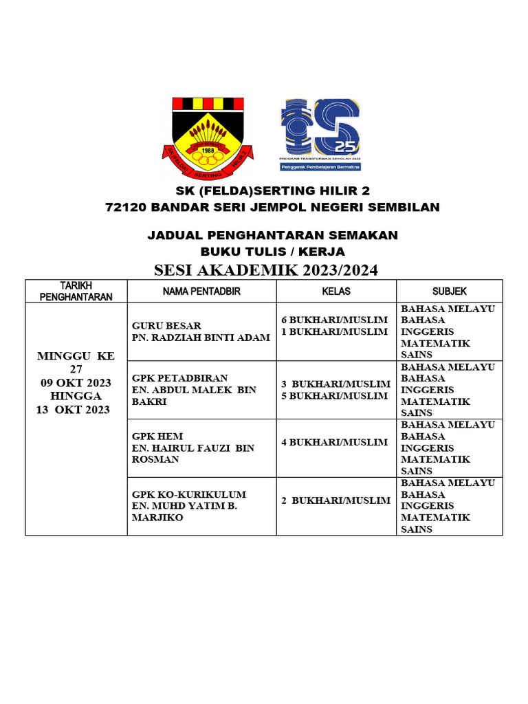 Jadual Semakan Buku Latihan 2023 | PDF