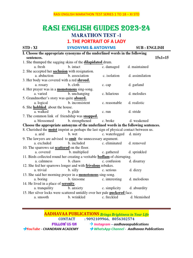 RASI ENG XI STD ALL MARATHON TEST QUESTION PAPERS 1 To 18 WITH ANSWER ...