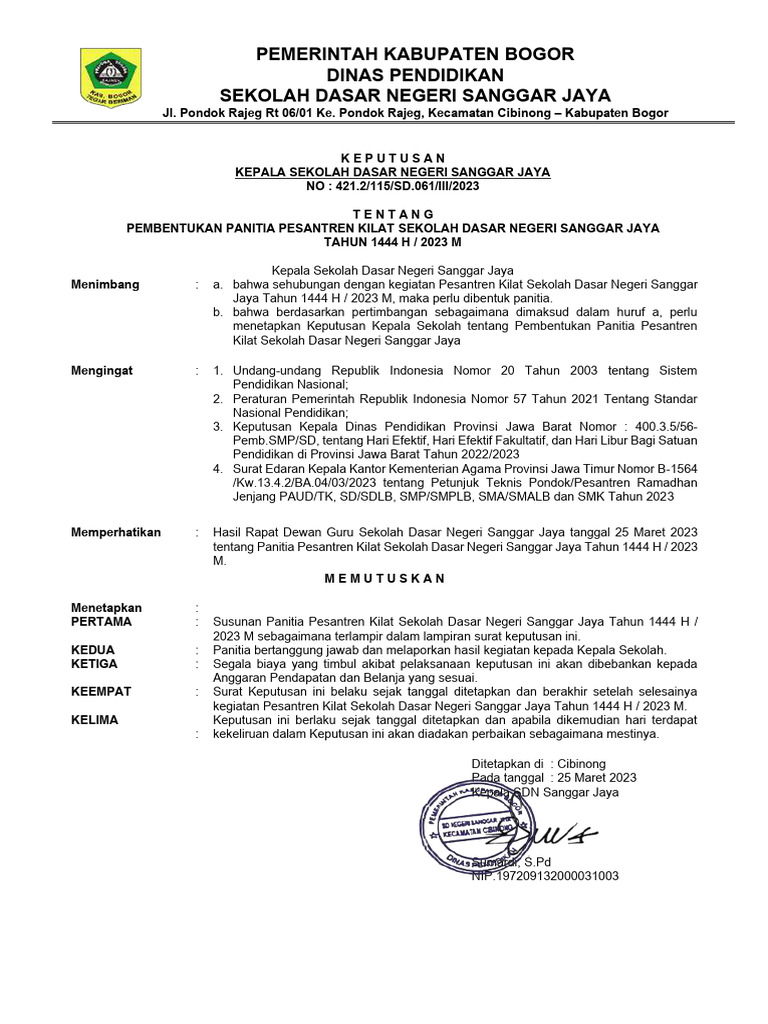 Pembentukan Panitia Pesantren Kilat SDN | PDF