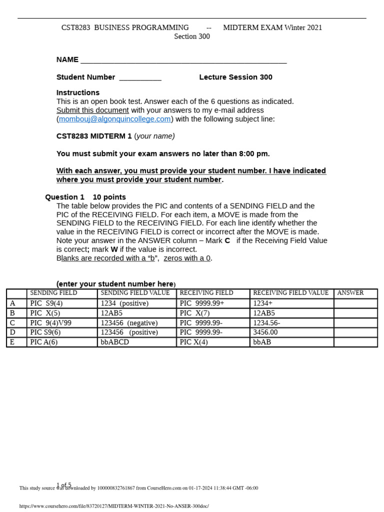 MIDTERM WINTER 2021 No ANSER 300 | PDF | Computing | Computer Programming