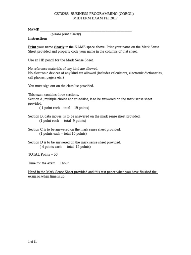 COBOL Midterm Exam Fall 2017 | PDF | Information Technology | Computer ...