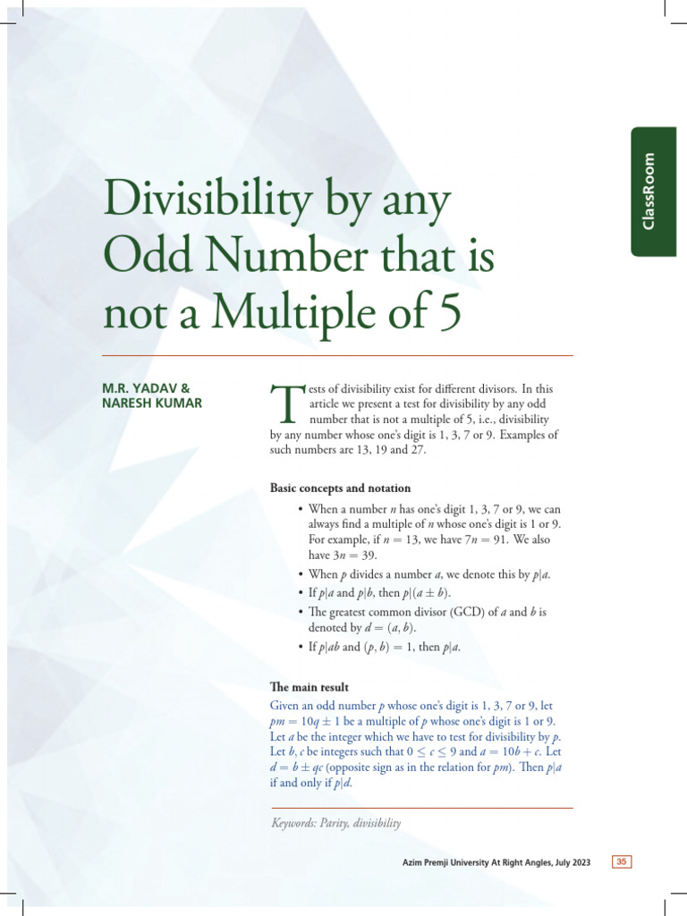 Divisibility by Any Odd Number That Is Not A Multiple of 5 Yadav M R and Naresh 2023 | PDF ...